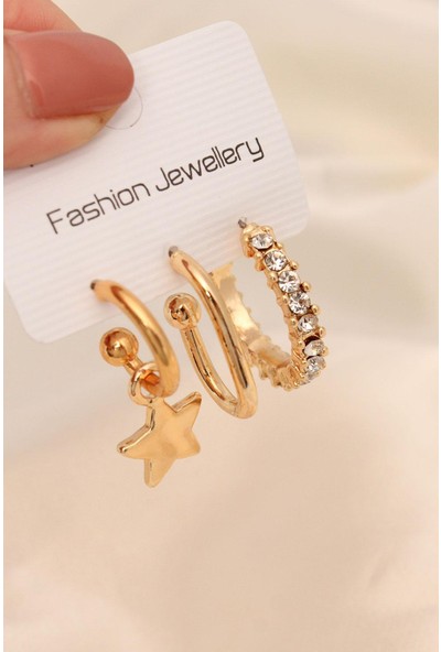 KaktüsKedi Gold Renk Zirkon Taşlı ve Minimal Yıldız Detaylı Küpe Seti