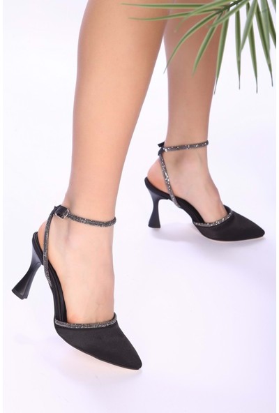 Shoeberry Kadin Siyah Saten Biyeli Tasli Topuklu Ayakkabi