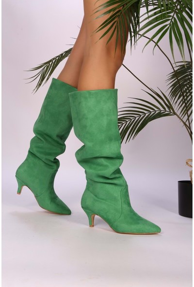 Kadin Yesil Süet Körüklü Günlük Çizme