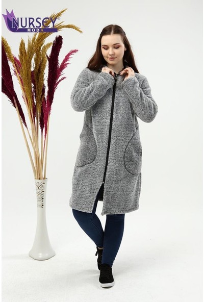 Nursey Peluş Kapüşonlu Kaban - Gri