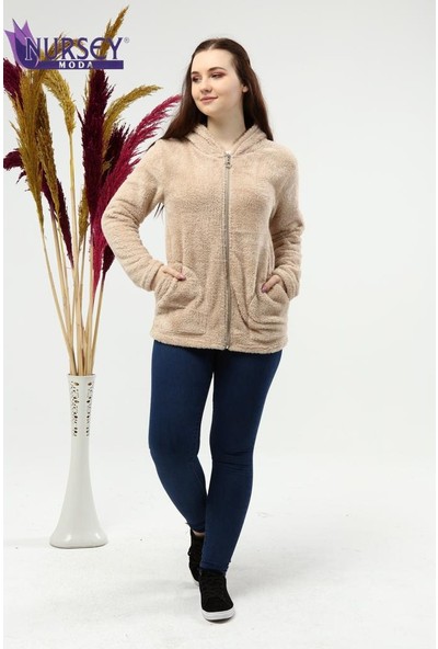 Nursey Peluş Kapşonlu Mont - Bej