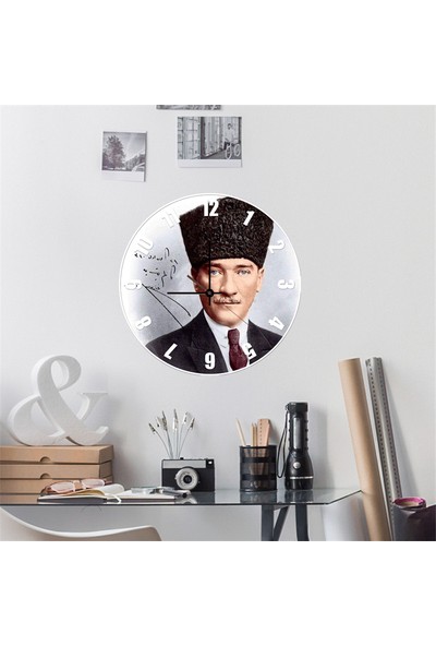 Atatürk Baskılı Mdf Duvar Saati 30 cm Çapında