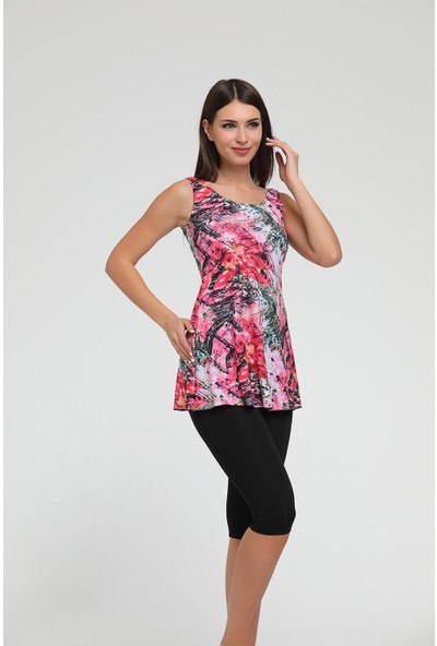 Chelly Dijital Desenli Diz Altı Taytlı Tankini Takım Siyah 9024