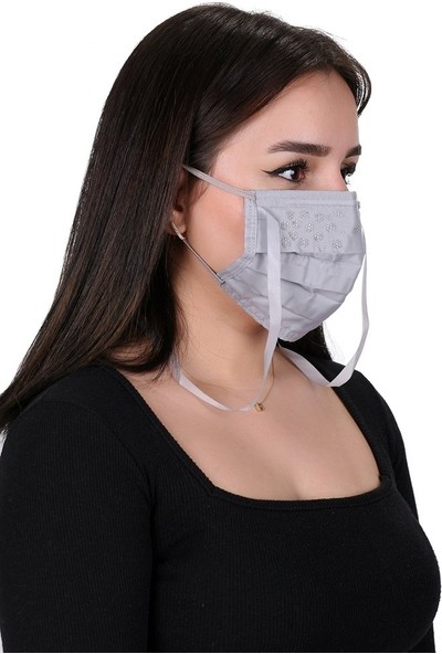Gümüş Iyonlu Boyundan Askılı Cerrahi ve Yıkanabilir Taşlı Maske T-2 Gri