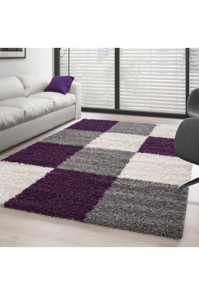 Bonigo Home Shaggy Halı 30 mm Hav Yüksekliği Kareli Desen Mor Gri Beyaz