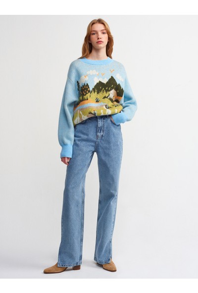 Dilvin 70213 Yanları Yırtmaçlı Likrasız Pantolon-Mavi Dilvin 70213 Yanları Yırtmaçlı Likrasız Pantolon-Mavi