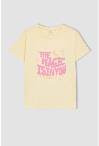 DeFacto Kız Çocuk Regular Fit Bisiklet Yaka Baskılı Kısa Kollu Pamuklu Tişört X0413A622SM