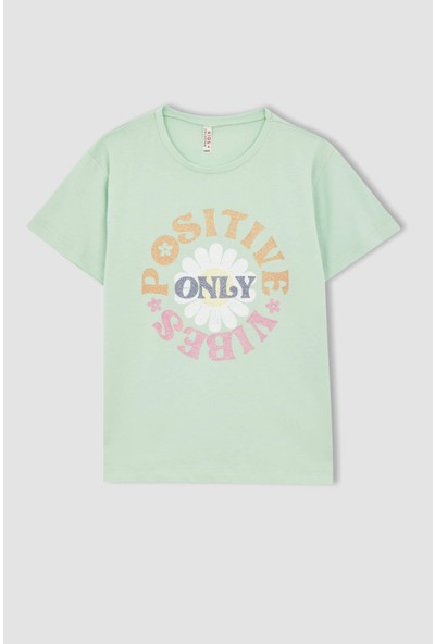 DeFacto Kız Çocuk Regular Fit Bisiklet Yaka Baskılı Kısa Kollu Pamuklu Tişört X0413A622SM