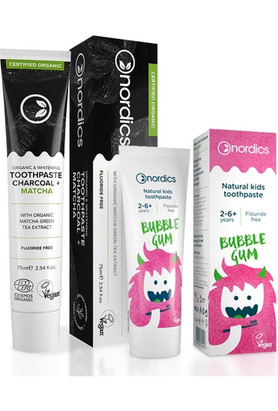 TheLifeCo Nordics Florürsüz Dis Macunu Aktif Karbon ve Matchali 75 ml + Çocuk Dis Macunu Çiklet Aromali 50 ml TheLifeCo Nordics Florürsüz Dis Macunu Aktif Karbon ve Matchali 75 ml + Çocuk Dis Macunu Çiklet Aromali 50 ml