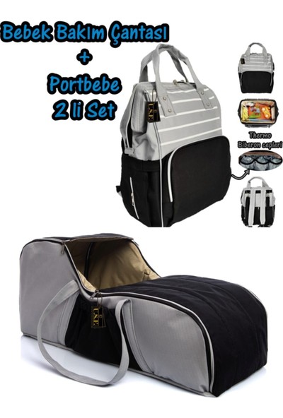 U.S.F Portbebe Ana Kucağı Puset Bebek Taşıma + Anne Bebek Bakım Çantası Set Çizgili Açık Gri - Siyah U.S.F Portbebe Ana Kucağı Puset Bebek Taşıma + Anne Bebek Bakım Çantası Set Çizgili Açık Gri - Siyah