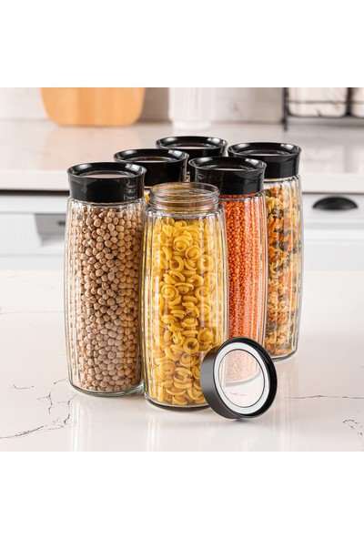 Pd-Home 6'lı Çizgili Dokulu Cam Kavanoz Erzak Kabı 1600 ml. Siyah Kapaklı