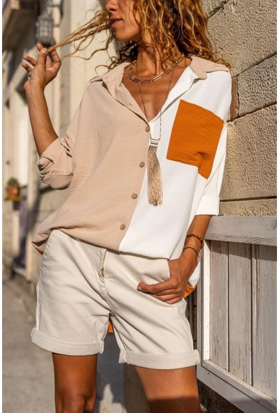 Rengamoda Cep Detaylı Parçalı Desen Gömlek.