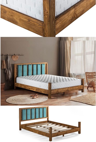 Alp Marina Alp Orion Doğal Ceviz Renk Masif Çam Karyola Camgöbeği Puflu Başlık