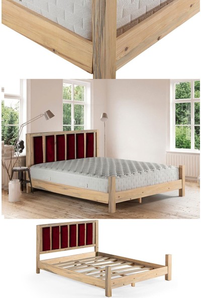 Alp Marina Alp Orion Doğal Masif Çam Karyola Bordo Puflu Başlık