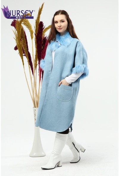Nursey Kaşe Kürklü Panço - Mavi