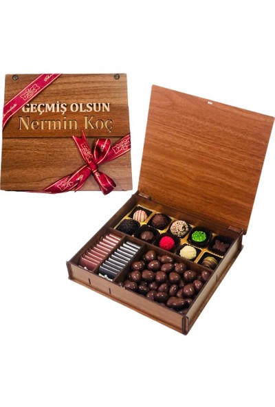 İnci Çikolata Kişiye Özel Ahşap Kutulu Geçmiş Olsun Çikolatası 140 gr