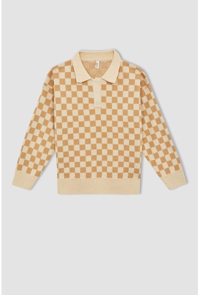 DeFacto Kız Çocuk Regular Fit Dama Desenli Polo Yaka Kazak X0253A621WN DeFacto Kız Çocuk Regular Fit Dama Desenli Polo Yaka Kazak X0253A621WN