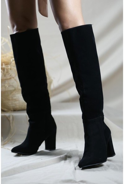 Pembe Potin Kalın Topuk Kadın Çizme 024-6767-21 Siyah Süet