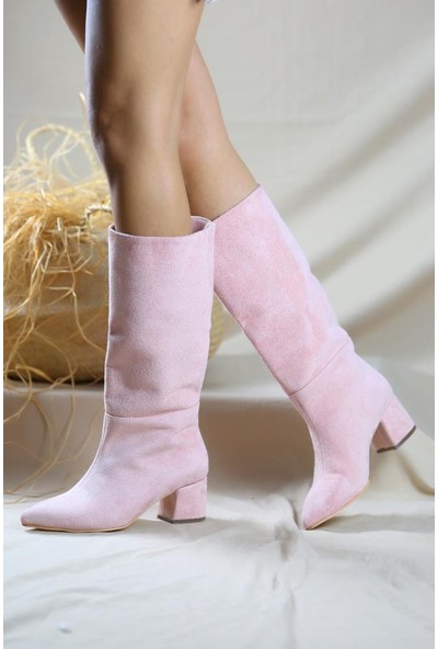Pembe Potin Kalın Topuk Kadın Çizme 024-1010-21PudraSüet