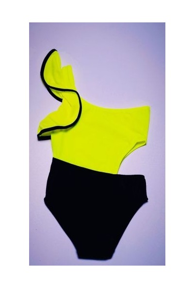 Deep Beach Neon Sarı Kolu Volan Detaylı Kız Çocuk Mayo DB200566CM