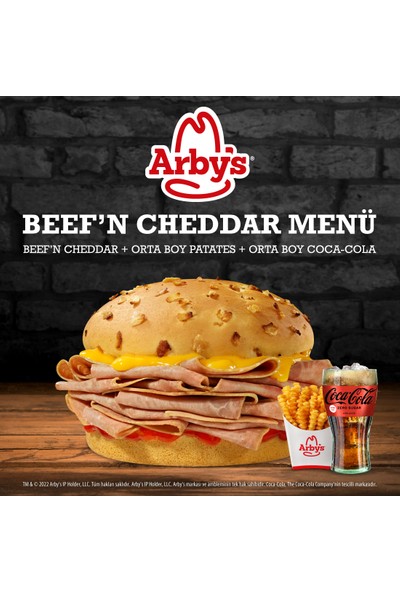 Arby's Beef'n Cheddar Menü (Beef'n Cheddar Sandviç + Orta Boy Tırtıklı Patates + Orta Boy Coca-Cola) (Gel-Al Serviste Geçerlidir) Arby's Beef'n Cheddar Menü (Beef'n Cheddar Sandviç + Orta Boy Tırtıklı Patates + Orta Boy Coca-Cola) (Gel-Al Serviste Geçerlidir)