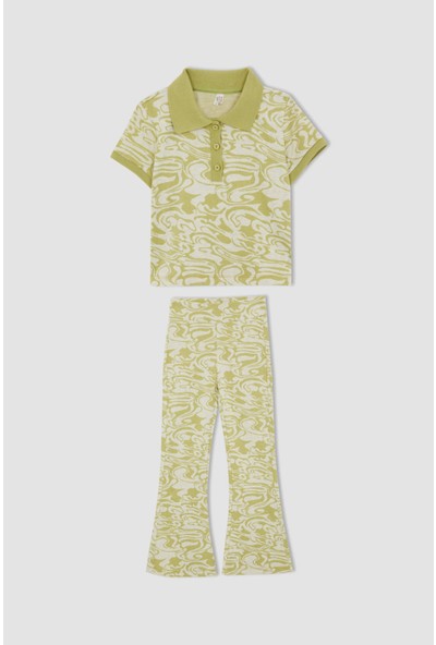 DeFacto Kız Çocuk Desenli Kısa Kollu Tişört İspanyol Paça Pantolon Takım W8704A622SM