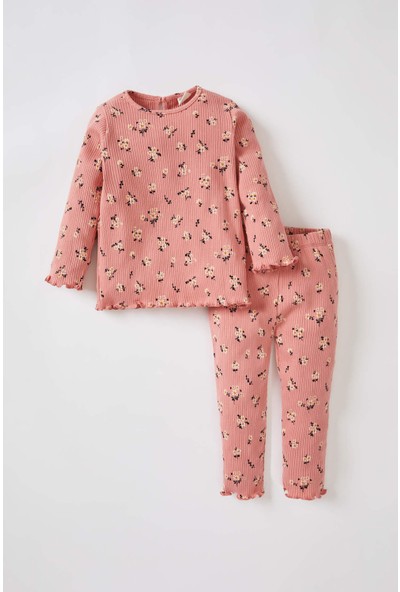 DeFacto Kız Bebek Çiçek Desenli Uzun Kollu Fitilli Kaşkorse Pijama Takım W9283A222SP
