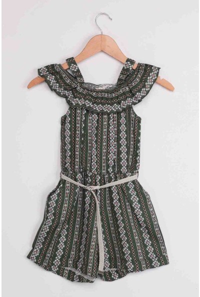 Bernam Butik Madonna Yaka Kız Çocuk Şort Tulum | Yeşil