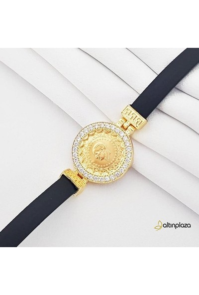 Altın Plaza Deri Kordonlu Çeyrek Altın Takılan Bayan Bilekliği