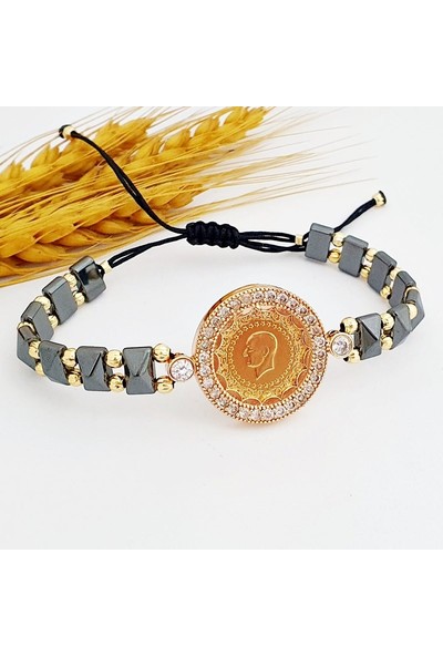 Altın Plaza Füme Piramit Taşlı Çeyrek Altınlı Bileklik FB01606