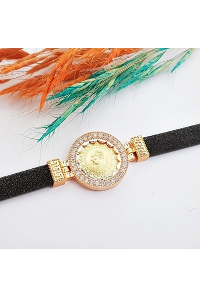 Altın Plaza Simli Siyah Kordonlu Çeyrek Altın Bileklik FB01980
