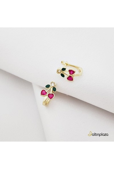 Altın Plaza Altın Kalpli Kiraz Desenli Çocuk Küpesi KP04599