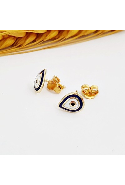 Altın Plaza Altın Nazar Boncuklu Damla Desenli Top Küpe