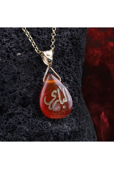 Osmanlı Pazar El-Bâriü Yazılı Akik Taşlı Gümüş Kolye (Esma-Ül Hüsna)