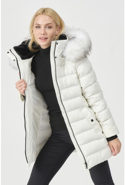Pique Kadın Kaban Kadın Suni Kürklü Çıkabilir Kapüşonlu Şişme Kaban