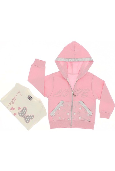 Babyboy Kız Bebek Kapşonlu Hırka Tshirt Hediyeli - Pembe - 6-9 Ay