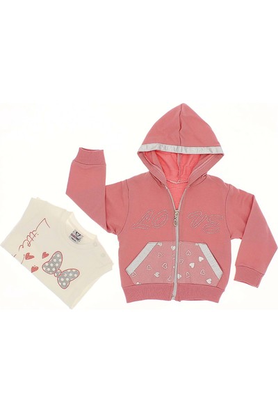 Babyboy Kız Bebek Kapşonlu Hırka Tshirt Hediyeli - Pudra - 6-9 Ay