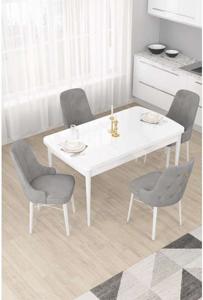 Canisa Concept Sim Serisi, 70X114 Açılabilir Mdf Masa, Beyaz Mutfak Masa Takımı, 4 Sandalye