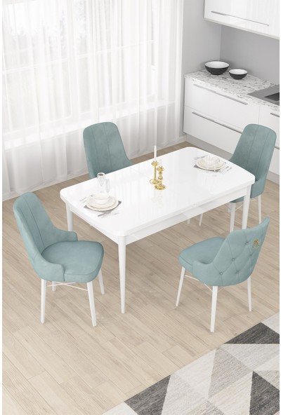 Canisa Concept Sim Serisi, 70X114 Açılabilir Mdf Masa, Beyaz Mutfak Masa Takımı, 4 Sandalye