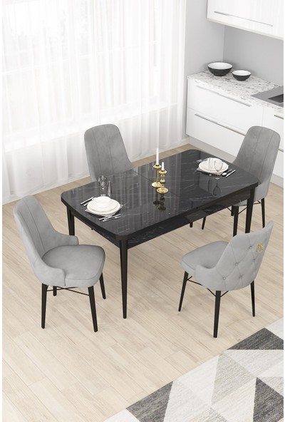 Canisa Concept Sim Serisi, 70X114 Açılabilir Mdf Masa, Siyah Mermer Desen Mutfak Masa Takımı, 4 Adet Sandalye Canisa Concept Sim Serisi, 70X114 Açılabilir Mdf Masa, Siyah Mermer Desen Mutfak Masa Takımı, 4 Adet Sandalye