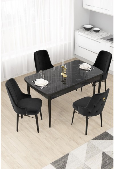 Canisa Concept Sim Serisi, 70X114 Açılabilir Mdf Masa, Siyah Mermer Desen Mutfak Masa Takımı, 4 Adet Sandalye Canisa Concept Sim Serisi, 70X114 Açılabilir Mdf Masa, Siyah Mermer Desen Mutfak Masa Takımı, 4 Adet Sandalye