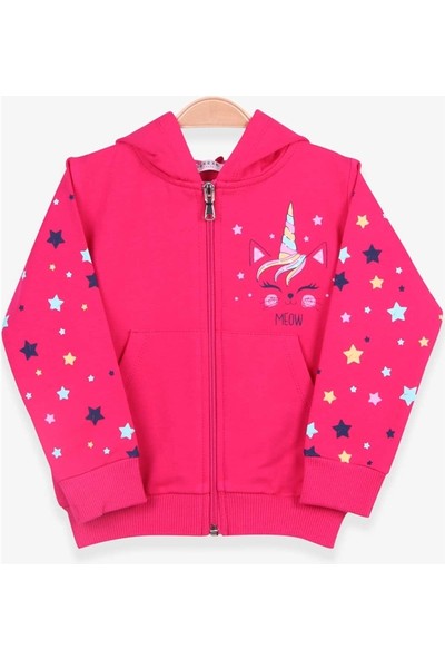 Kız Çocuk Hırka Kolları Desenli Baskılı Fuşya (1-4 Yaş)