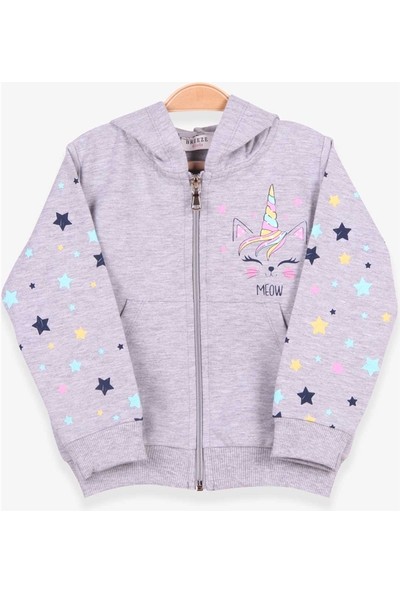 Breeze Kız Çocuk Hırka Kolları Desenli Baskılı Gri Melanj (1-4 Yaş)