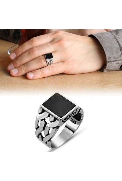 Şah Yüzük Erkek Siyah Zincir Tasarım Oniks Taşlı 925 Ayar Gümüş Yüzük