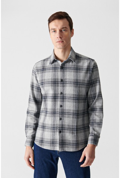 Avva Erkek Gri Baskılı Düğmeli Yaka Regular Fit Gömlek A12Y2194