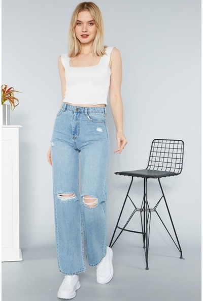 Siyah Kadın Buz Mavisi Yüksek Bel Yırtık Detaylı Boru Paça Kot Pantolon - GİY00072