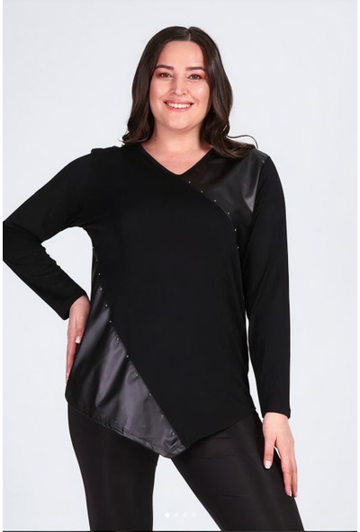 Büyük Beden Deri Ayrıntılı Siyah Bluz