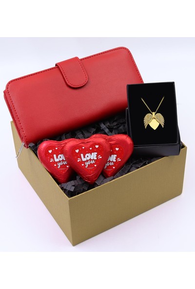 VegaGiftShop Kırmızı Kadın Cüzdan & 3'lü Kalp Çikolata & Açılır Kanat Melek Kolye Hediye Seti VegaGiftShop Kırmızı Kadın Cüzdan & 3'lü Kalp Çikolata & Açılır Kanat Melek Kolye Hediye Seti