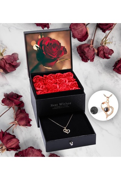 VegaGiftShop Çekmeceli Solmayan Gül Kutusu & 100 Dilde Seni Seviyorum Kolye Hediye Seti