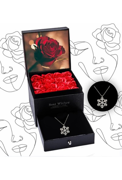 VegaGiftShop Çekmeceli Solmayan Gül Kutusu & Gümüş Renk Kar Tanesi Kolye Hediye Seti